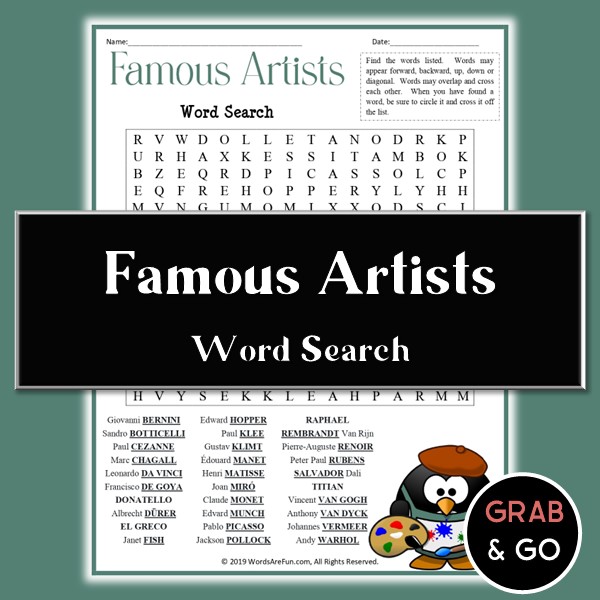 Famous Artists Word Search Printable | Art History, Painters ...