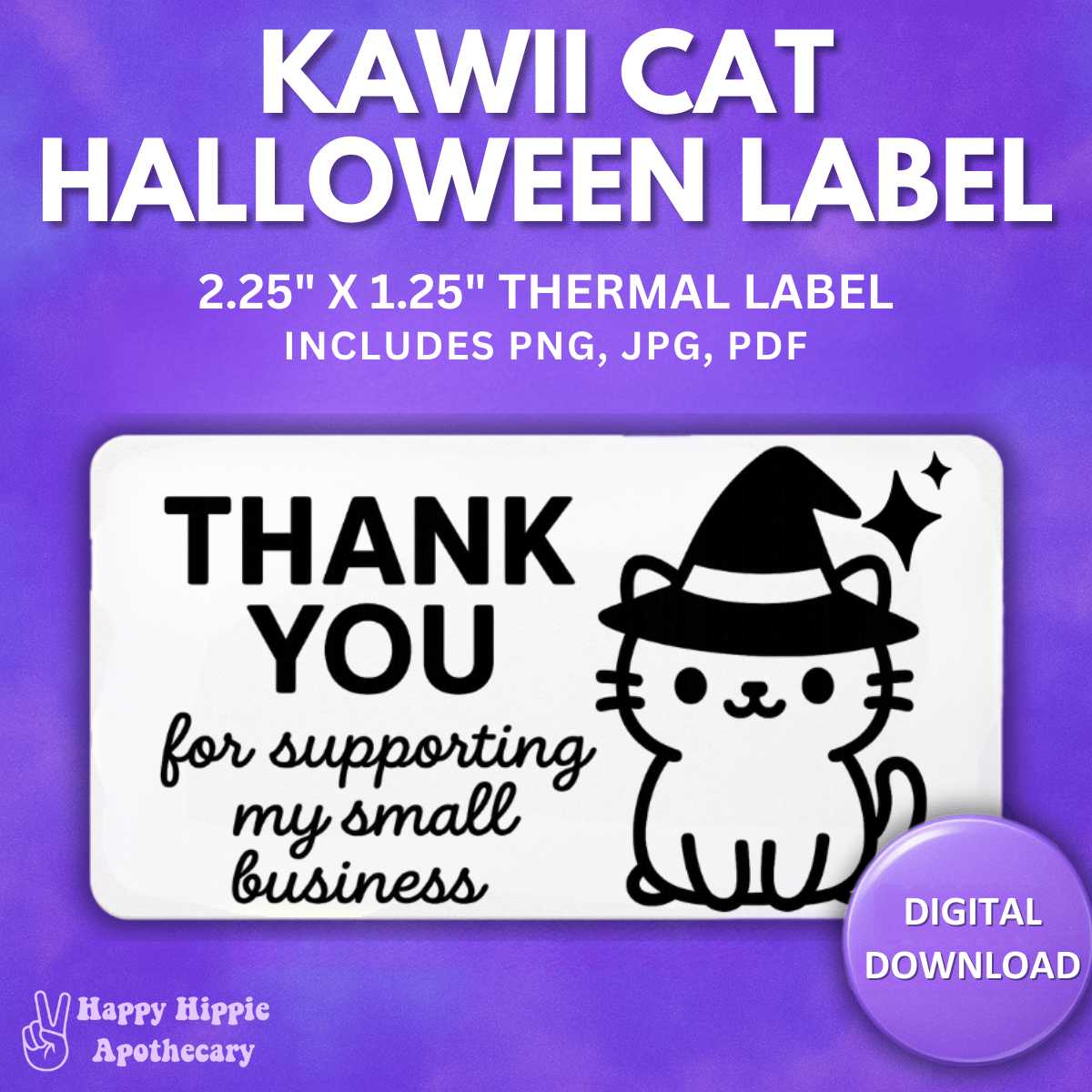 Halloween Witch Cat Label | Kawaii Halloween Thank You Sticker | Small ...