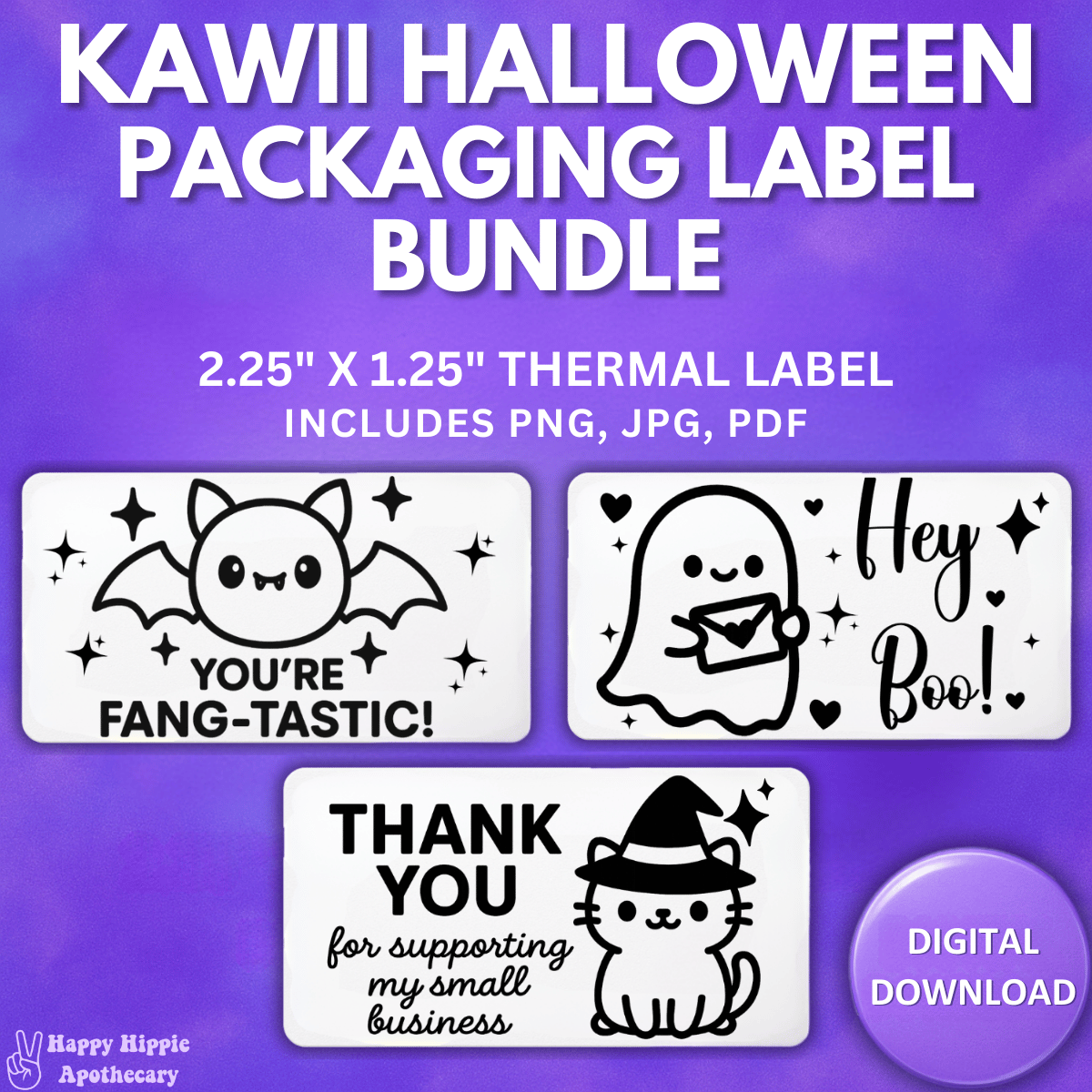 3-Pack Kawaii Halloween Thank You Labels | Ghost, Bat, Cat Sticker ...