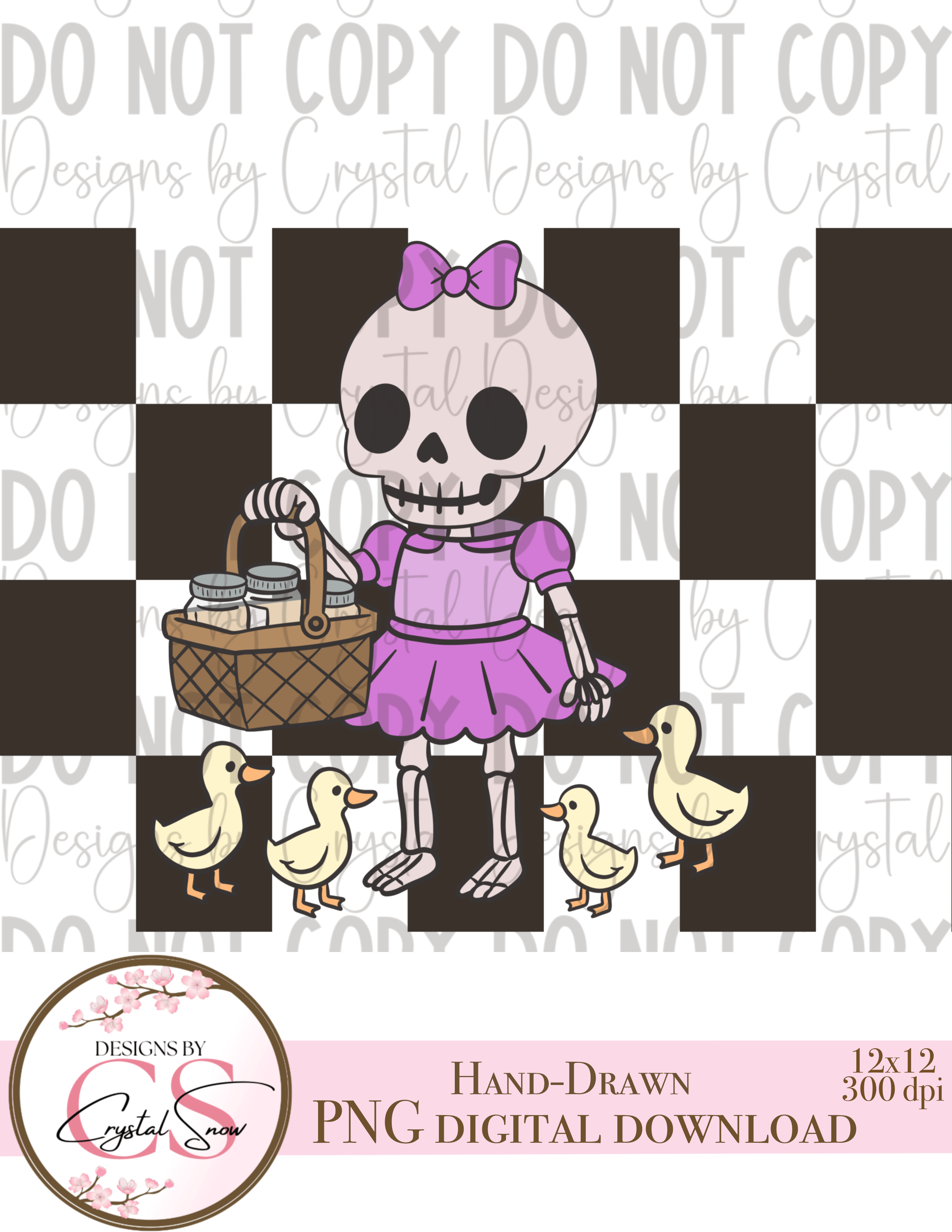 Spooky Babe Skeleton PNG | Cute Pastel Skull with Ducks & Checkerboard Background | Sublimation ...