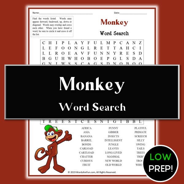 Monkey Word Search Puzzle | Fun Animal-Themed Activity for Kids ...