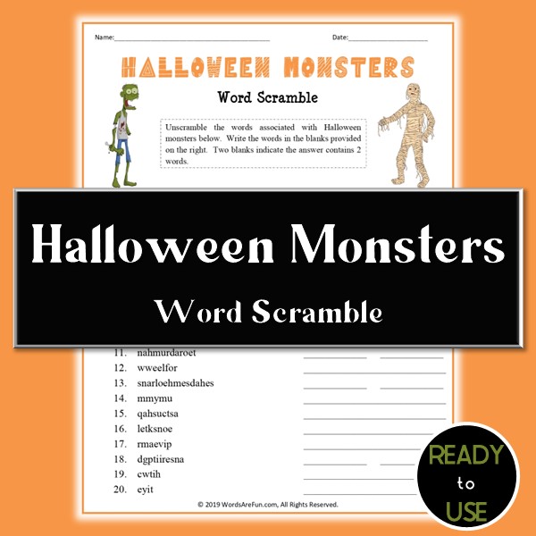 Halloween Monsters Word Scramble Puzzle | Printable Activity PDF for ...