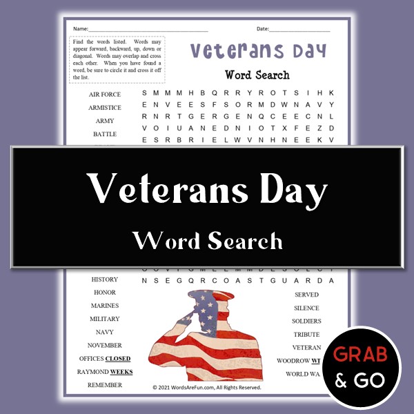 Veterans Day Word Search Puzzle | Printable Military Holiday Activity ...
