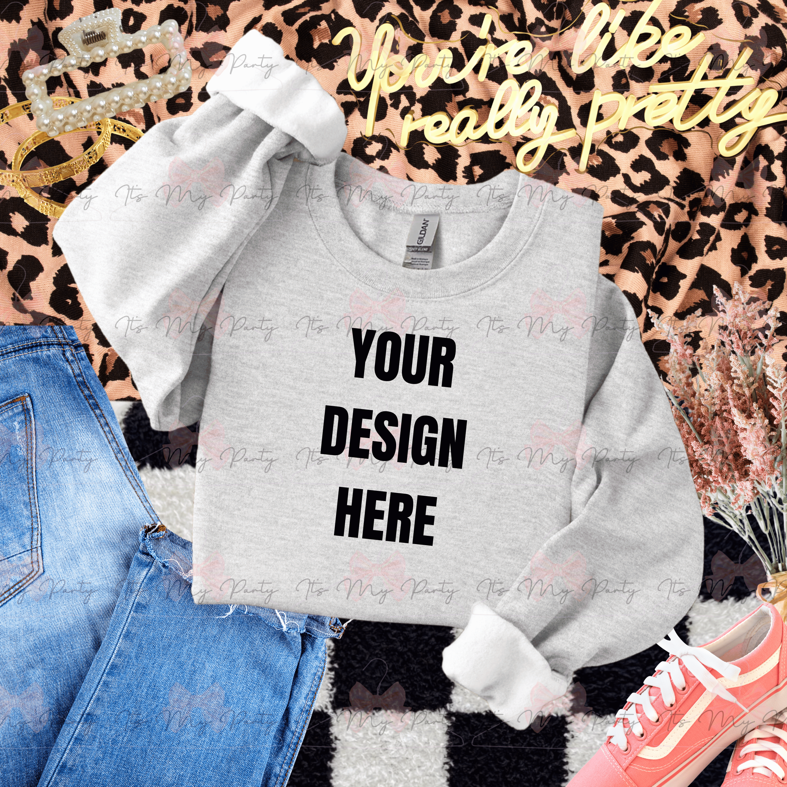ash grey crewneck “you’re like really pretty” leopard/ checkered MOCKUP ...