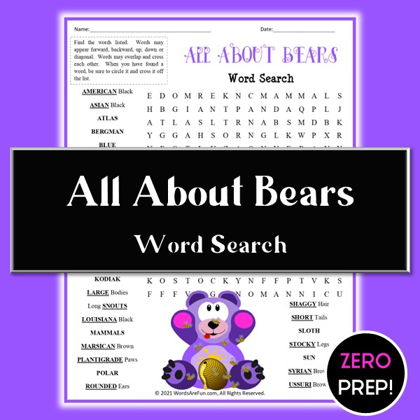 Bears Word Search Puzzle | Printable Wildlife Animal Activity Worksheet ...