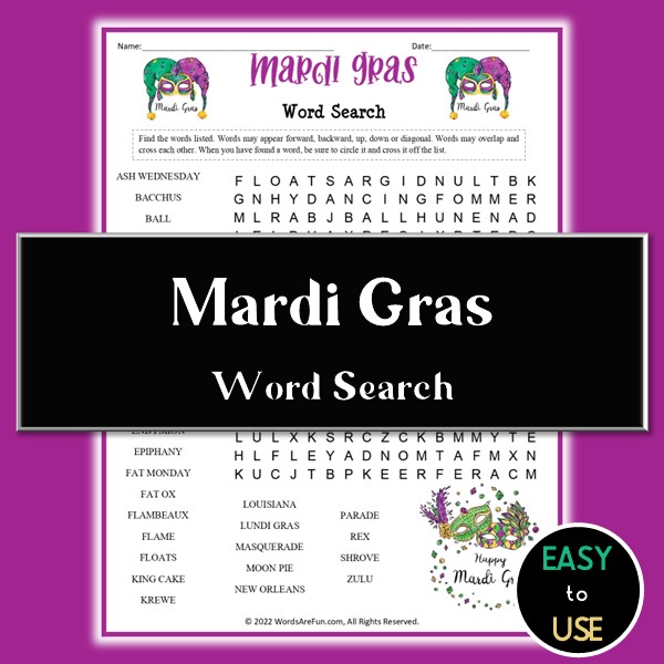 Mardi Gras Word Search Puzzle | Carnival & New Orleans Holiday ...