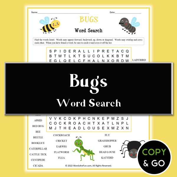 Bugs Word Search Puzzle Printable | Insect Vocabulary Activity PDF for Kids