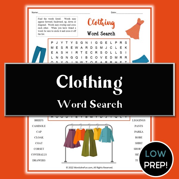 Clothing Word Search Puzzle | Printable PDF Vocabulary Activity for ...