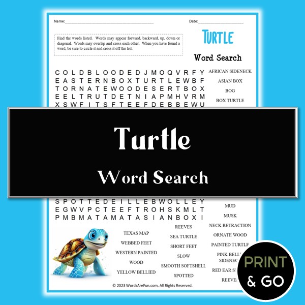 Turtle Word Search Puzzle | Printable Animal Activity for Kids ...