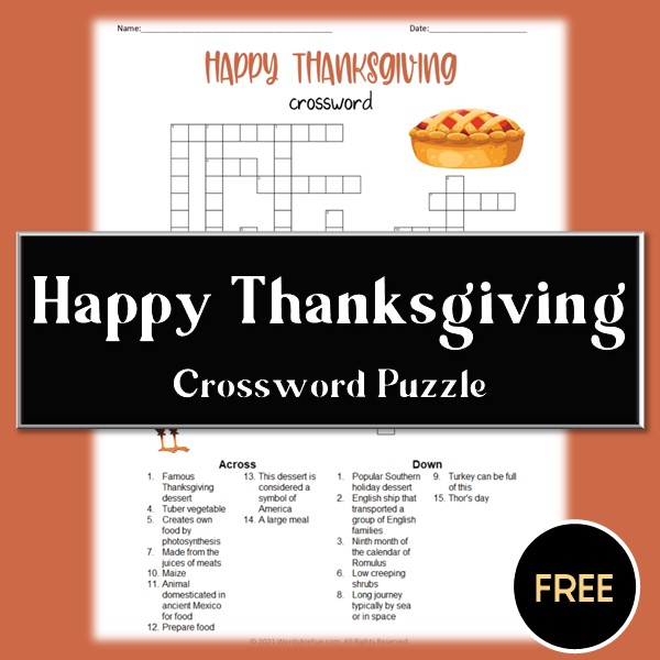 Free Thanksgiving Crossword Puzzle PDF | Fun Fall Activity Worksheet ...