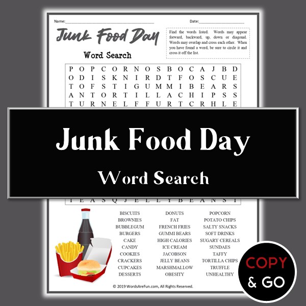 Junk Food Day Word Search Puzzle PDF | Fun Food-Themed Activity ...