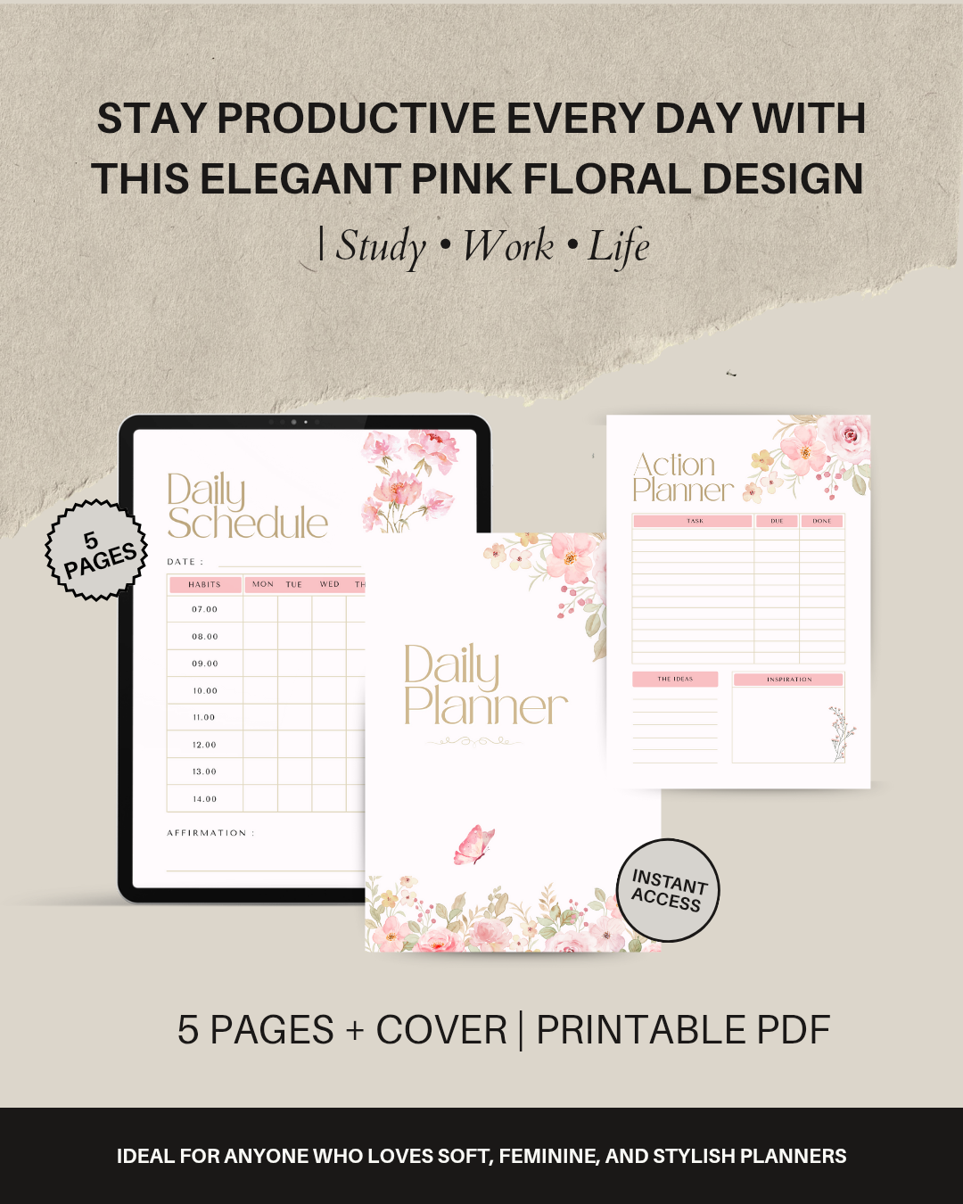 Blusher Blossom – Pink Floral Daily Planner (5 Pages Cover) - Payhip