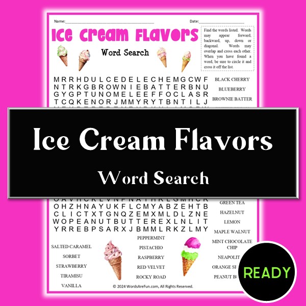 Ice Cream Flavors Word Search Puzzle | Fun Printable PDF for Kids & Adults