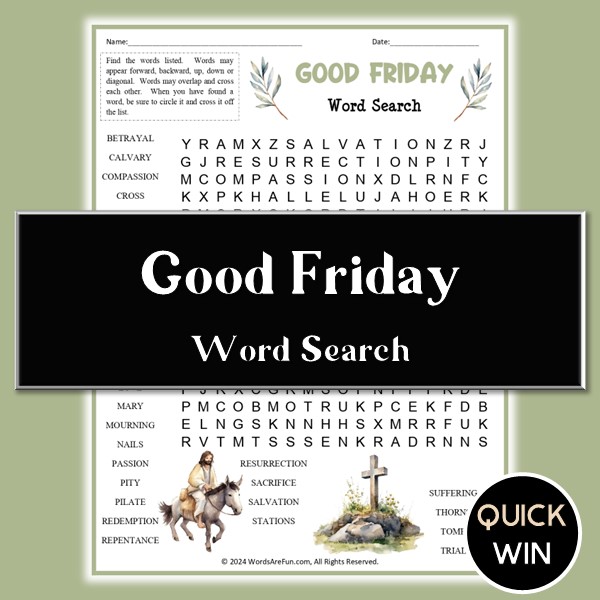 Good Friday Word Search Puzzle | Printable Religious Activity for Kids ...
