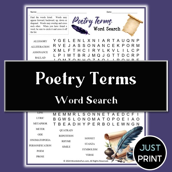 Poetry Terms Word Search | Printable Puzzle for Students, Literature ...
