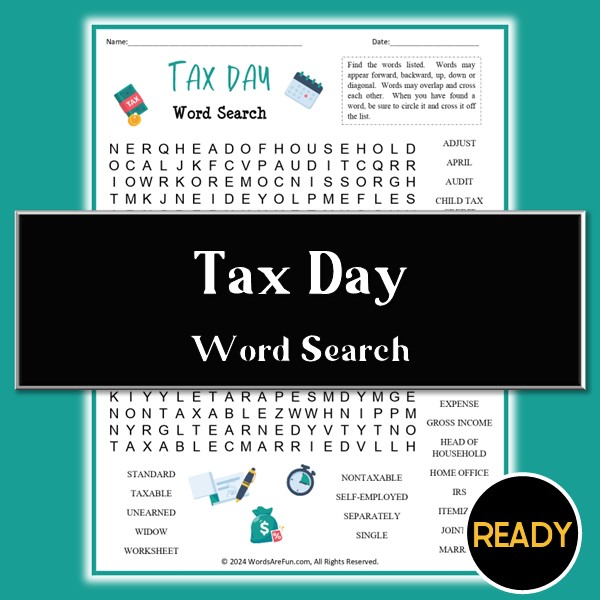 Tax Day Word Search | Fun Financial Literacy Printable for Kids
