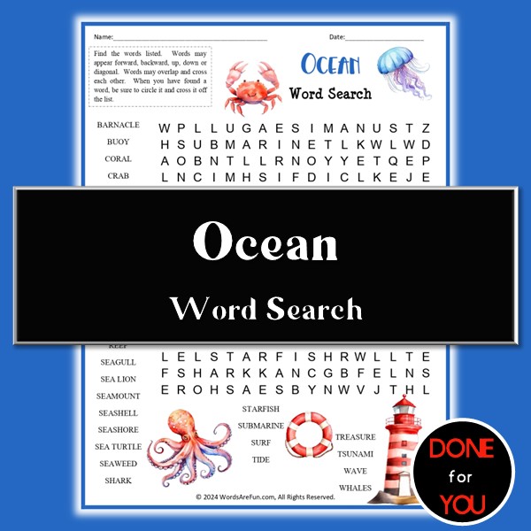 Ocean Word Search Printable | Fun Marine Life Puzzle for Kids