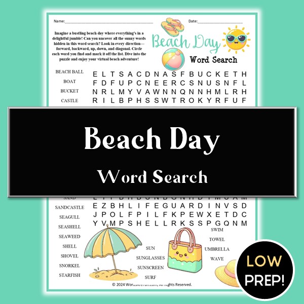 Beach Day Word Search Puzzle | Printable Summer Beach Activity for Kids ...