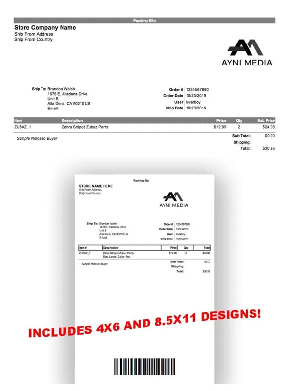 Shipstation 4x6 and 8.5x11 Default Packing Slip Templates
