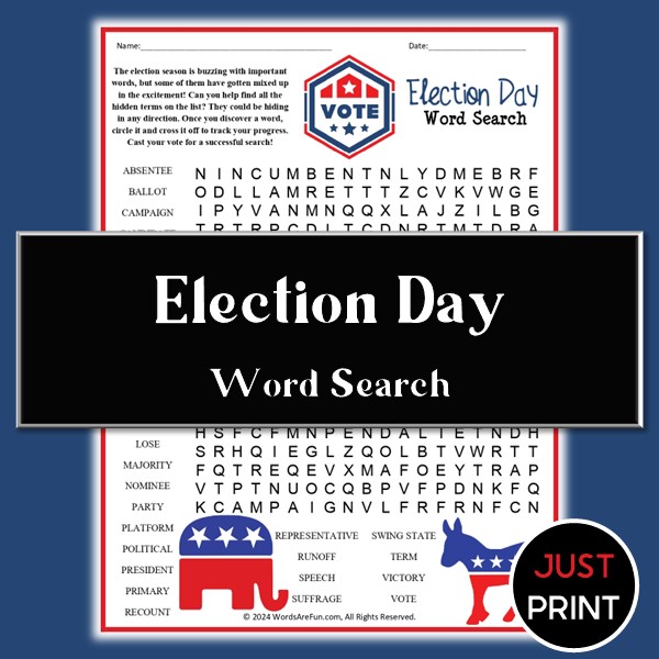 Election Day Word Search Puzzle | Voting, Civics & Democracy Printable ...