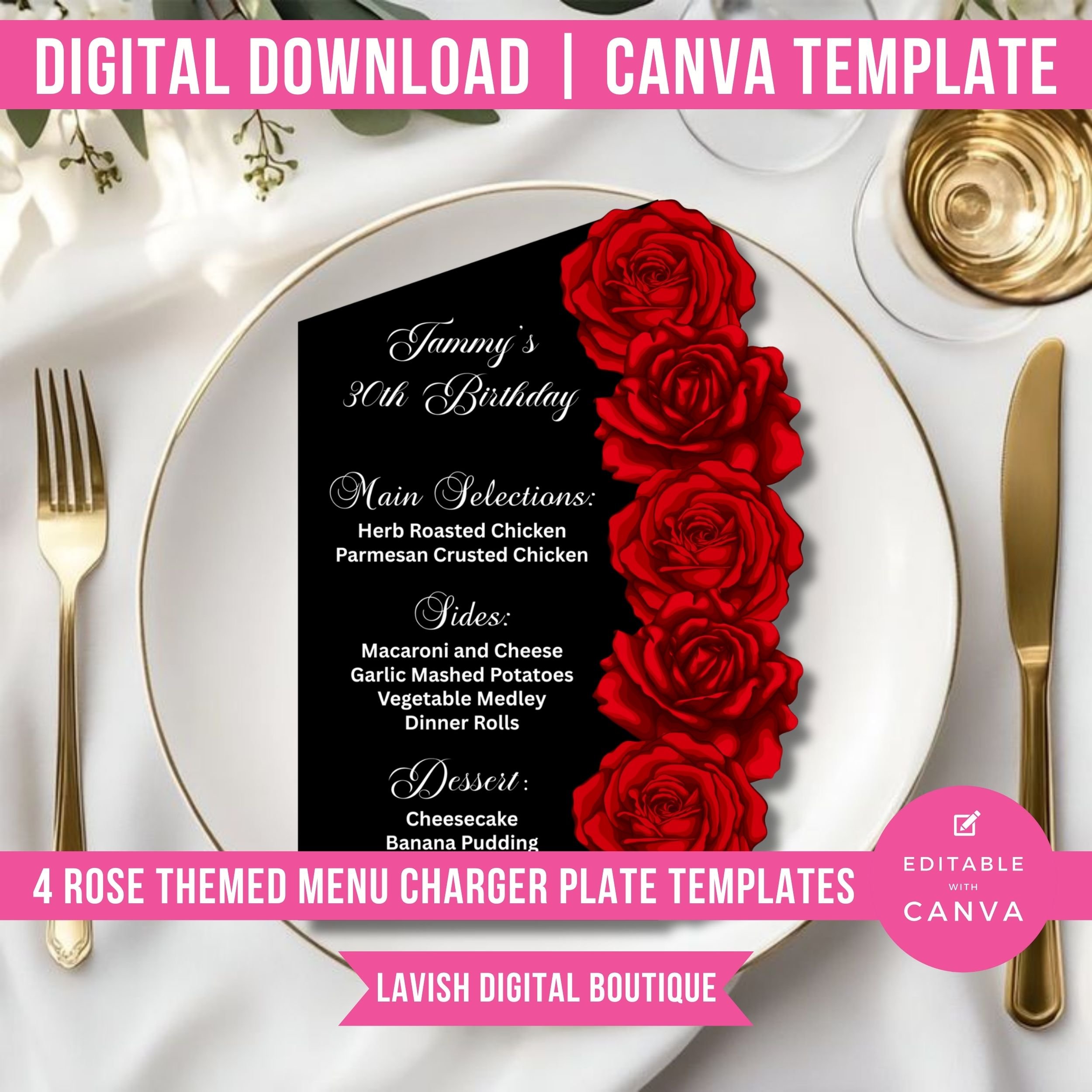 4 Rose Menu Templates | Charger Plate Insert Templates | Editable Canva ...