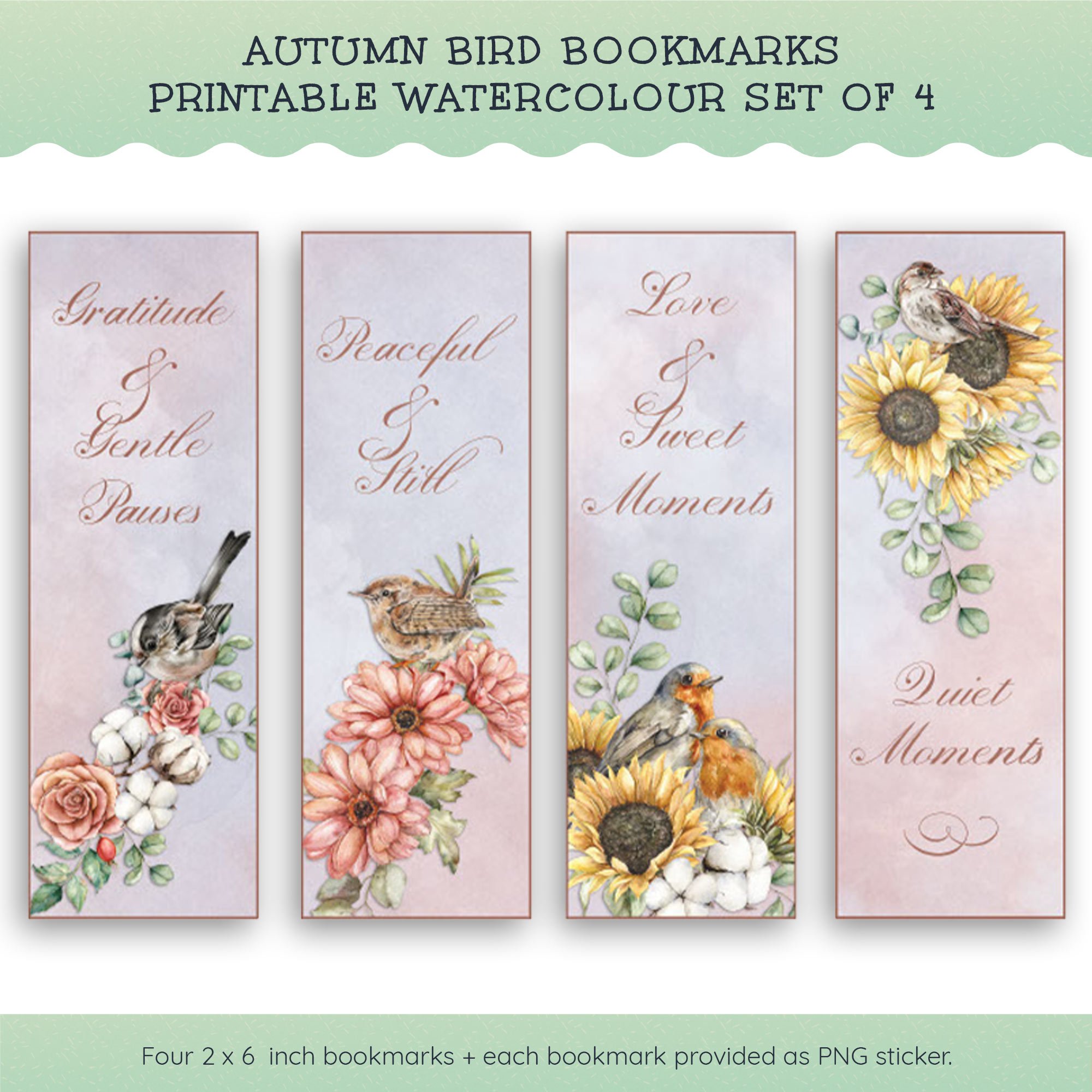 Printable Autumn Bird Bookmarks - Watercolour Sunflowers & Roses