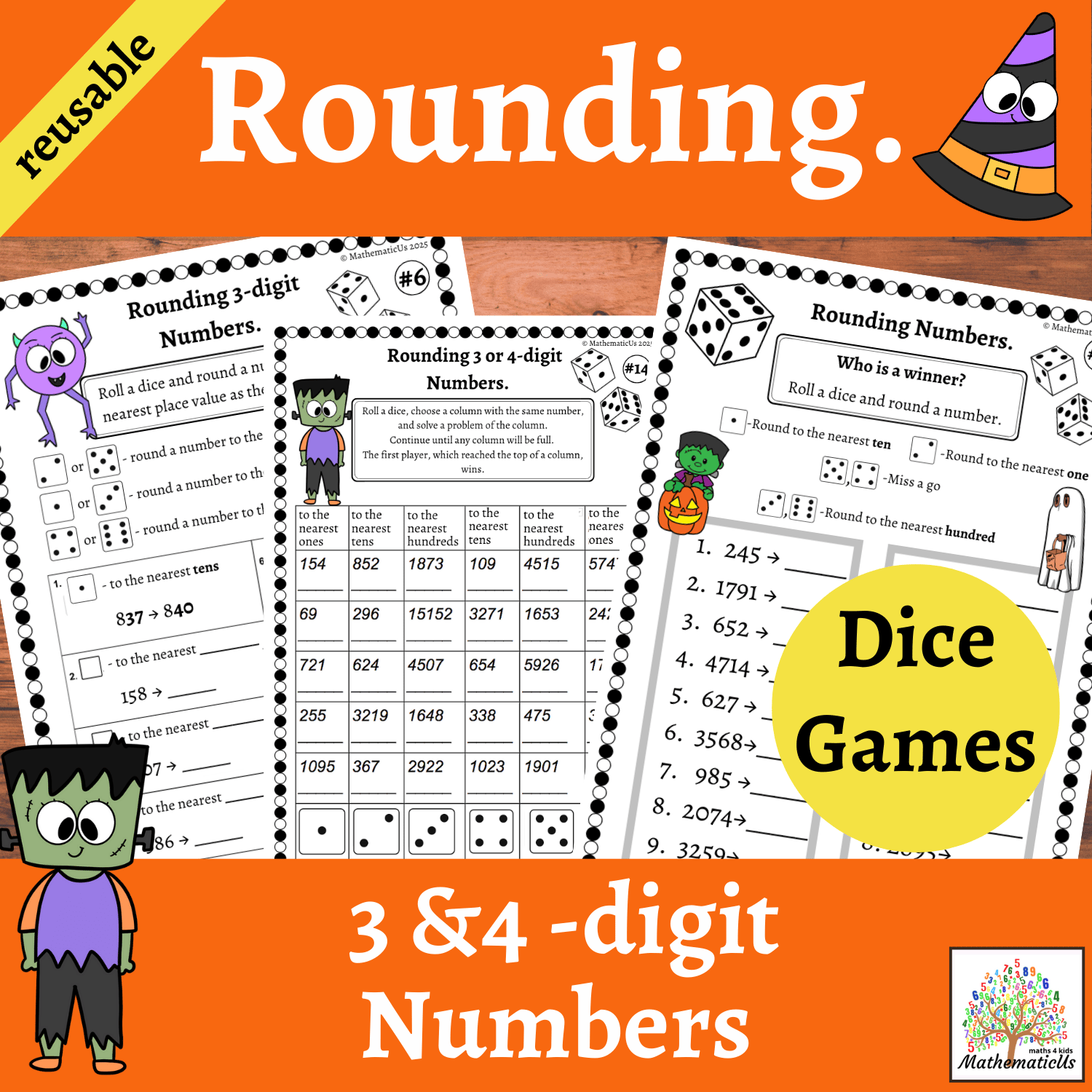 Rounding 3-digit and 4-digit Numbers Halloween Dice Games - Payhip