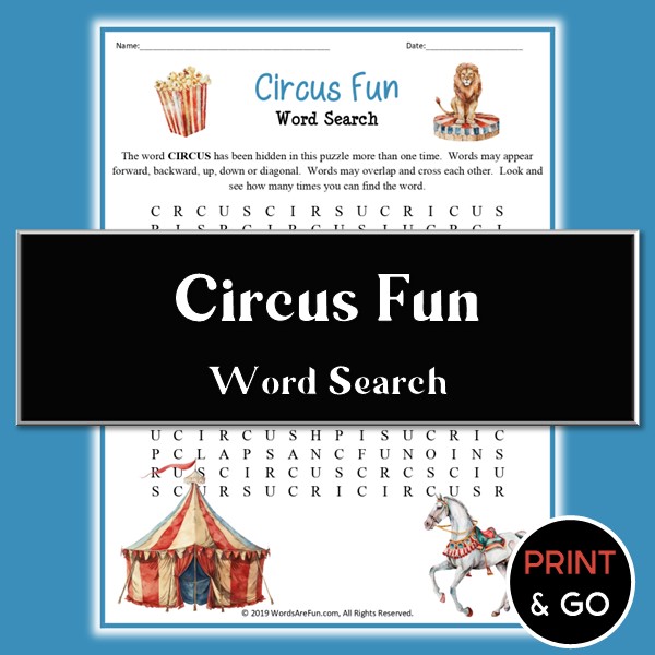 Circus Fun Word Search Puzzle | Printable Big Top Activity Game for ...
