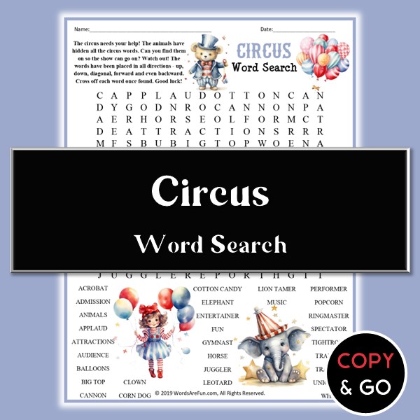 Circus Word Search Puzzle | Big Top Carnival Printable Activity PDF