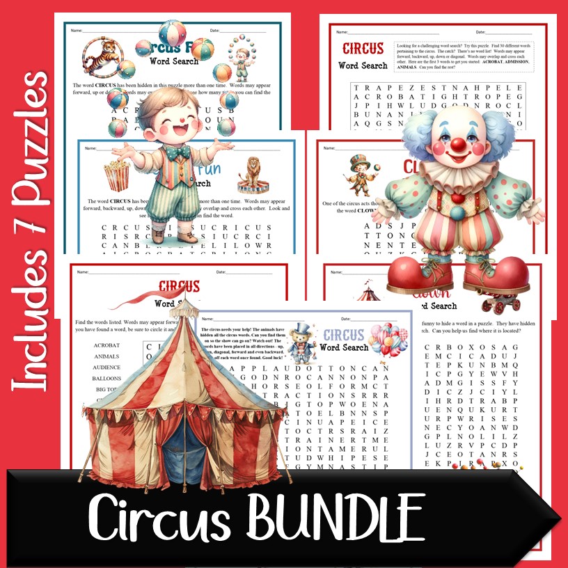 Circus Word Search Puzzle Bundle | Clown & Carnival Printable ...