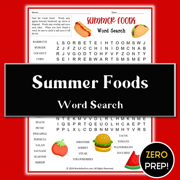 Summer Foods Word Search Puzzle | Printable PDF Activity for Kids & Adults