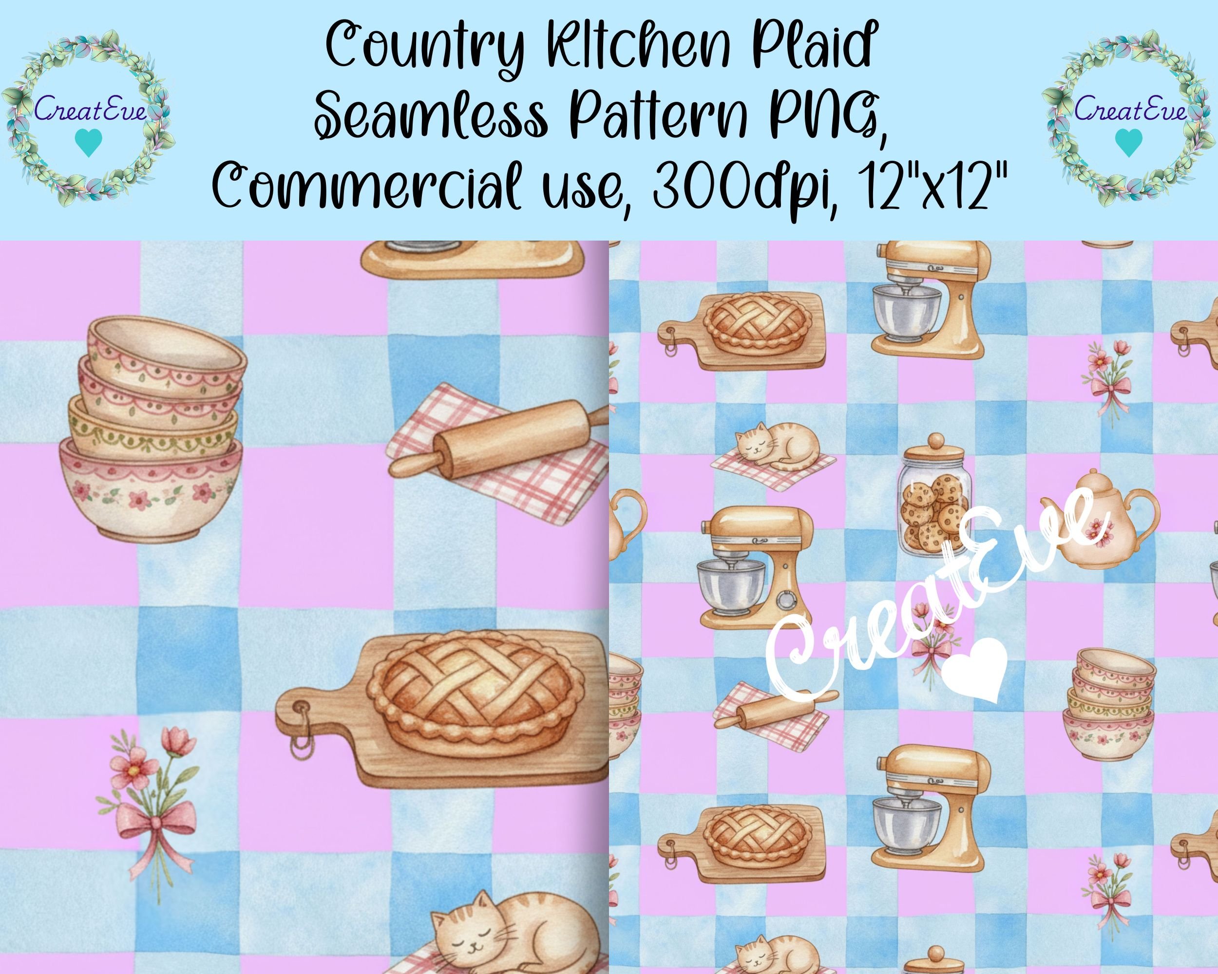 Country Kitchen Plaid Seamless Pattern Commercial Use 300dpi, 12"x12" PNG - Payhip