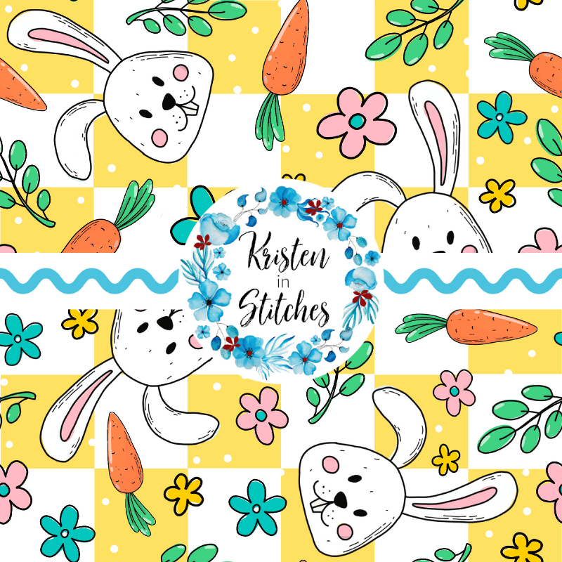 Spring Easter Bunnies Carrots Flowers Yellow Checkerboard Seamless Pattern - Payhip