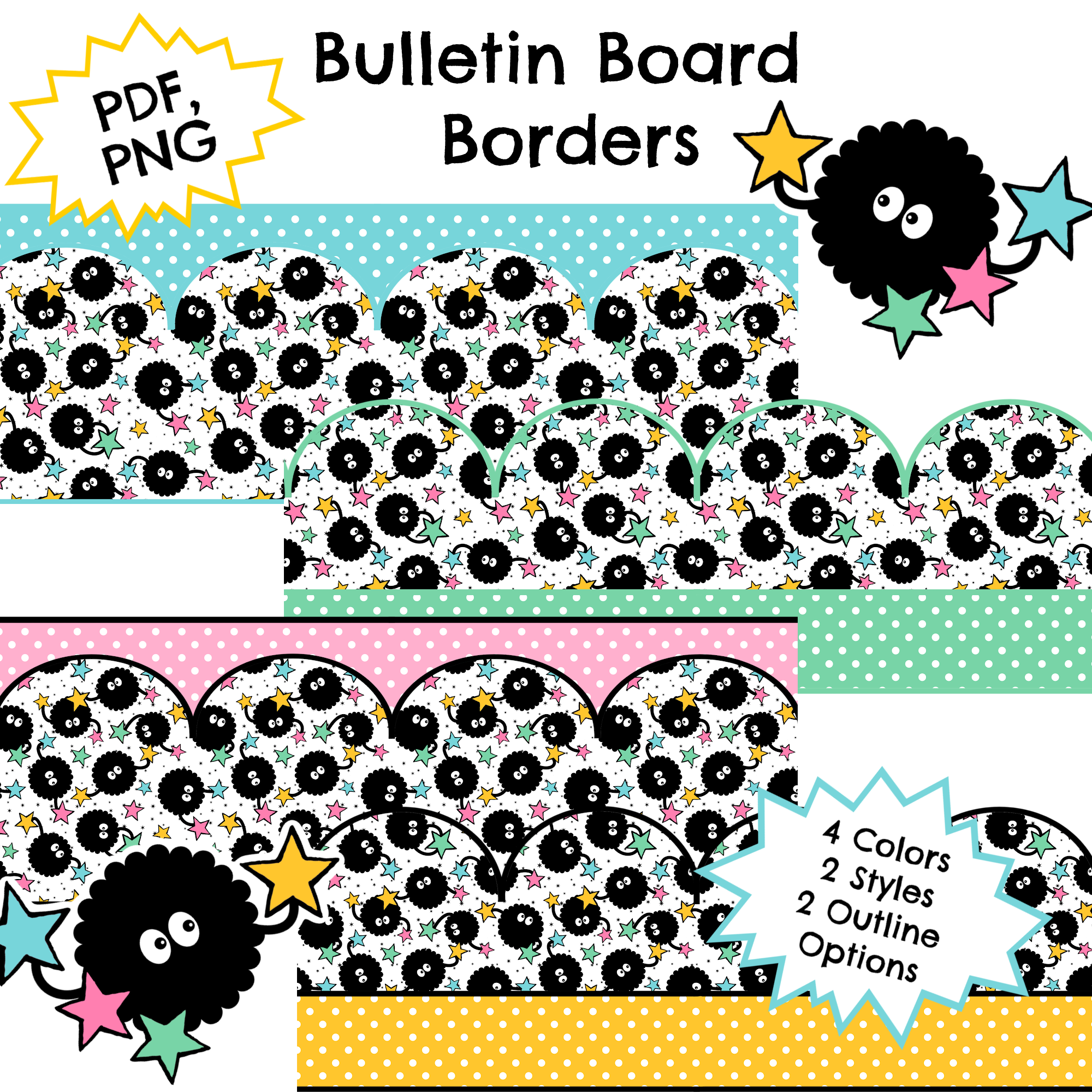 Soot Sprites Printable Bulletin Board Borders Edges PDF PNG 4 Colors ...