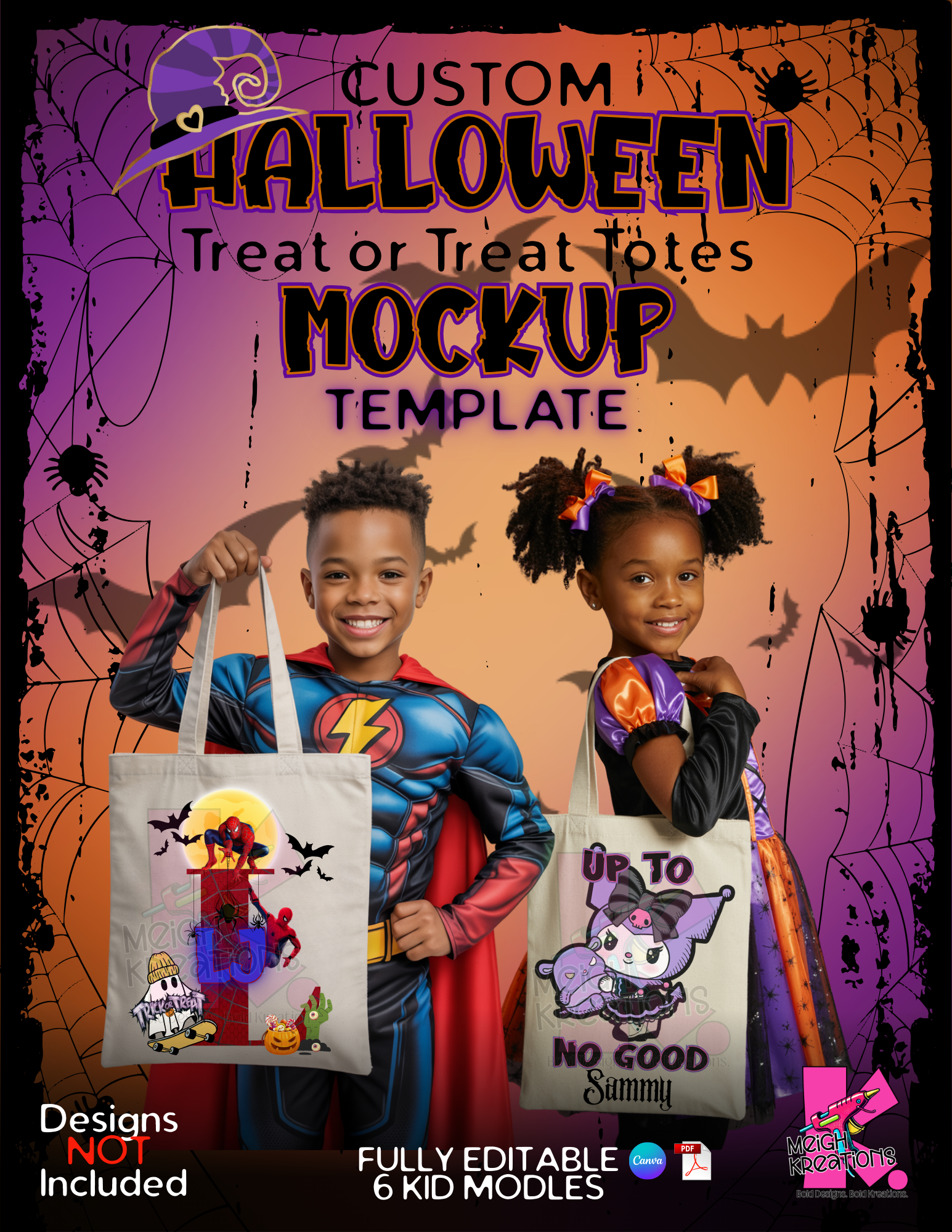 Editable 8.5x11 Halloween Tote Bag Template Mockup- 6 models included ...