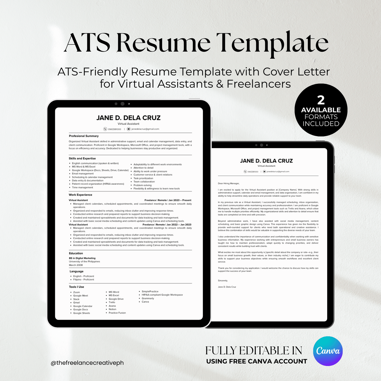ATS Resume Template for Virtual Assistant & Freelancer - Payhip