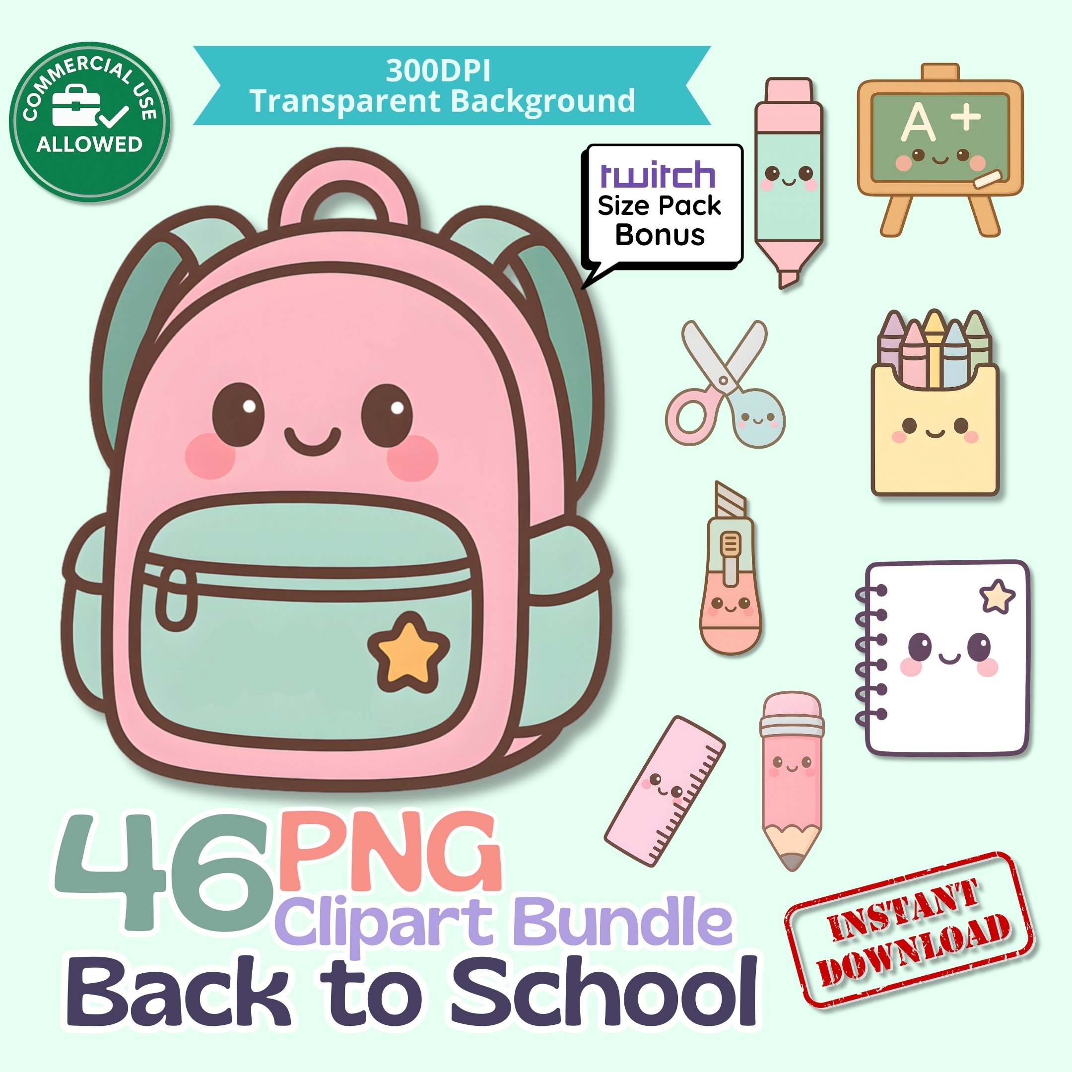 Pastel Back to School Supplies Clipart Bundle – 46 Cute PNGs for ...
