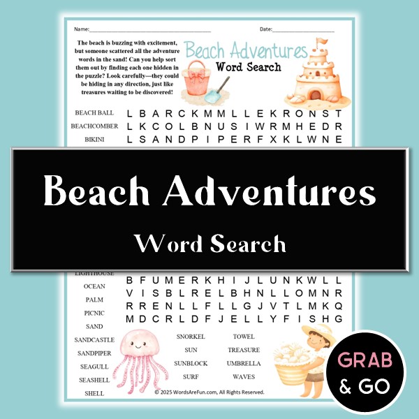 Beach Adventures Word Search Puzzle | Printable Summer Activity PDF for ...