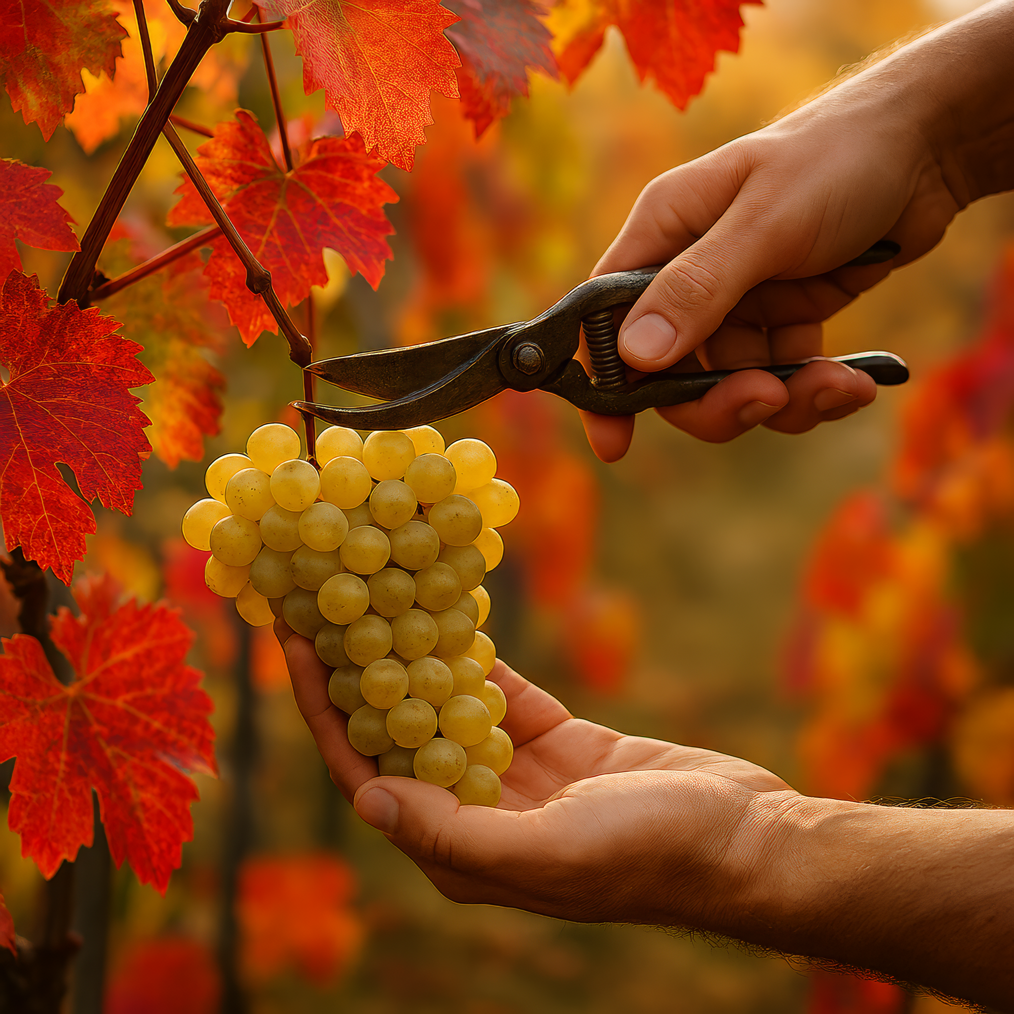 Hand cutting grape cluster with pruning shears in autumn vineyard - Payhip