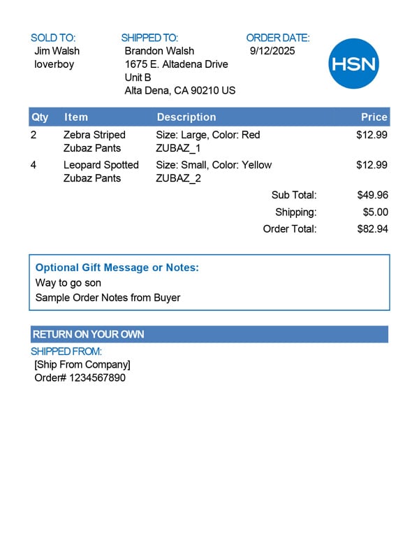 HSN 4x6 and 8.5x11 Packing Slip Templates