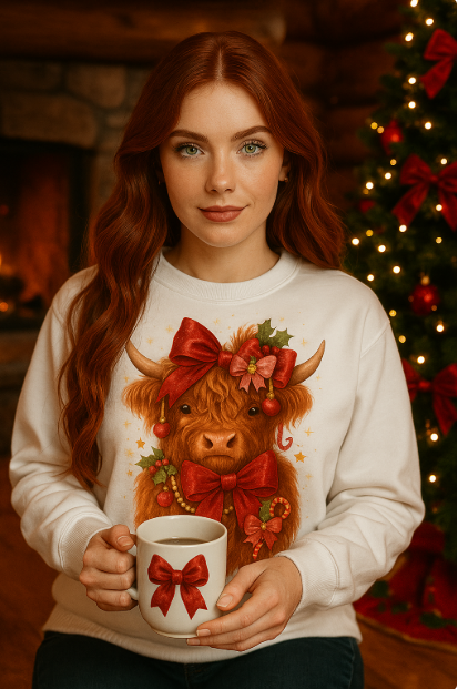 Luxury Highland Cow Christmas PNG – Festive Red Bow Holiday Design for Sublimation & Crafts - Payhip