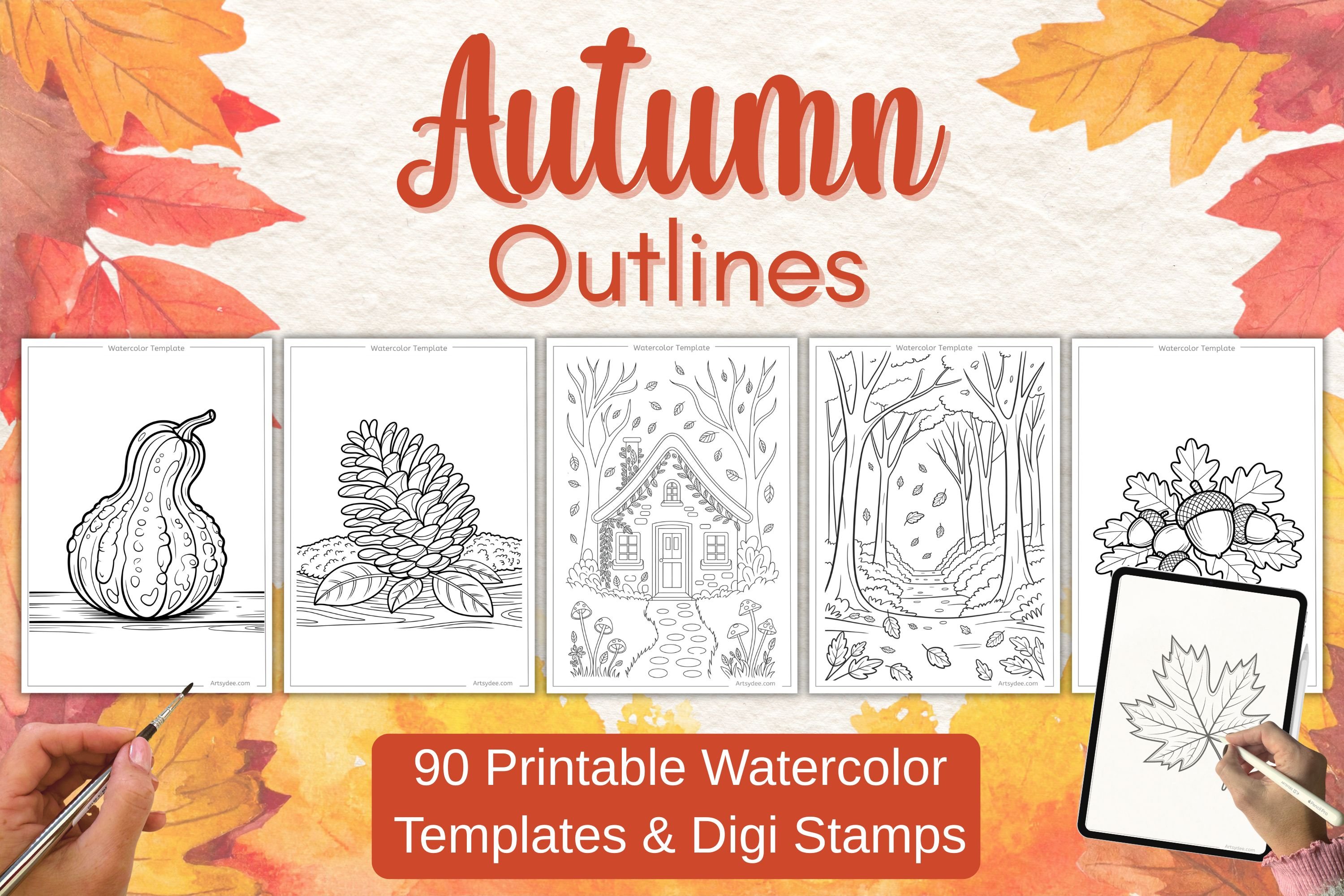 🍂 45 Autumn Watercolor Templates, Outlines & Digital Stamps 🍂 - Payhip