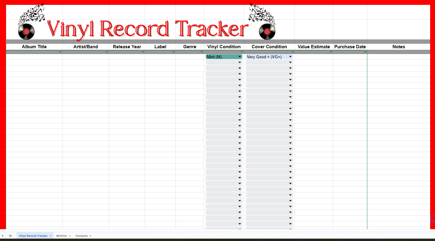 Vinyl Record Tracker Spreadsheet | Collector’s Organizer for Albums ...