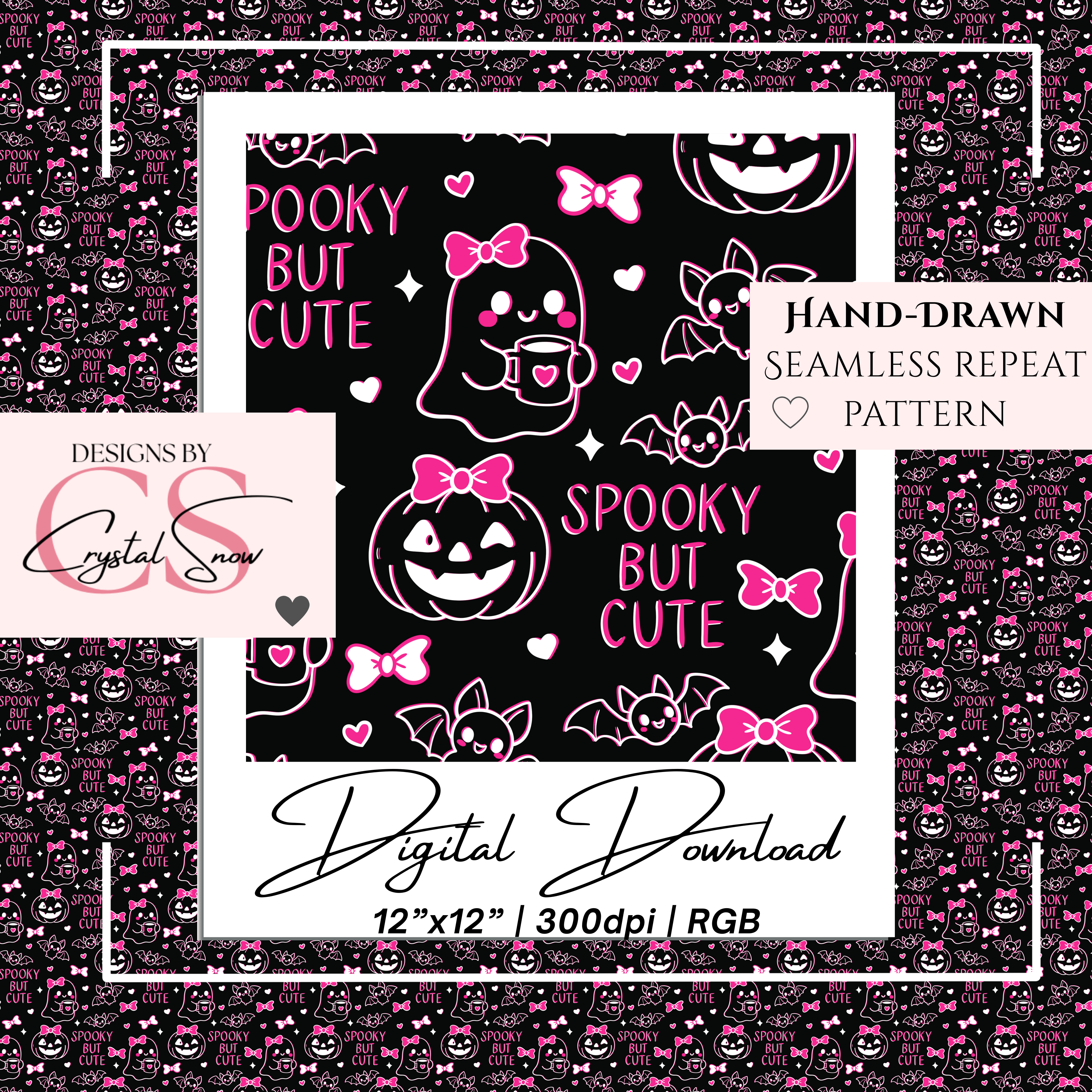 Spooky But Cute Seamless Pattern | Halloween Ghosts & Pumpkins | Pink ...
