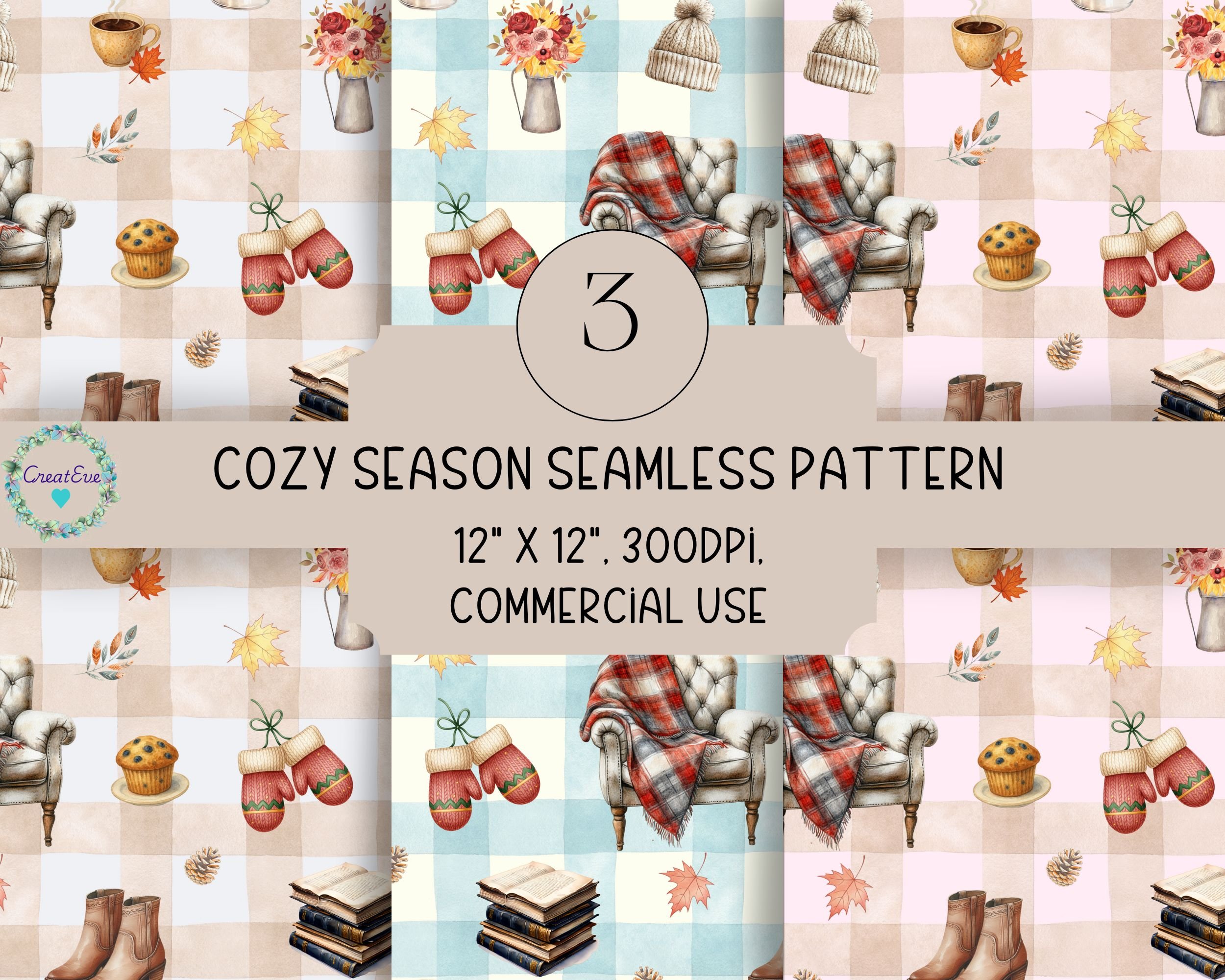 Cozy Season 3 Colorway Plaid Seamless Pattern PNG Bundle, 300dpi, 12" x 12" - Payhip