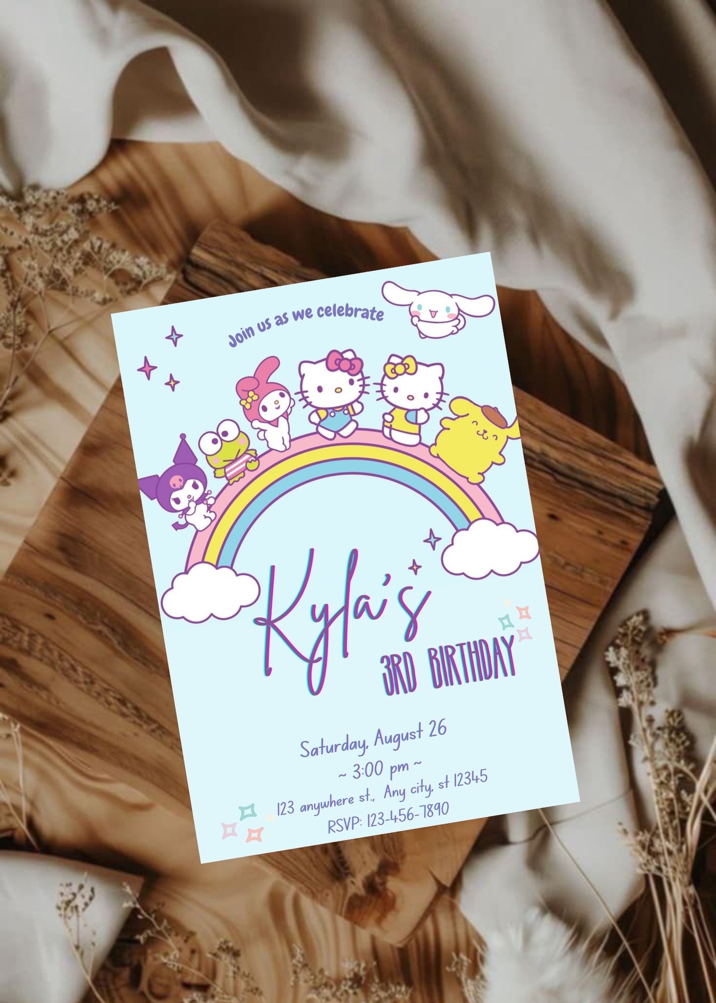 Hello Kitty and Friends Birthday Invitation | Rainbow Kawaii Party Template | Editable Digital ...