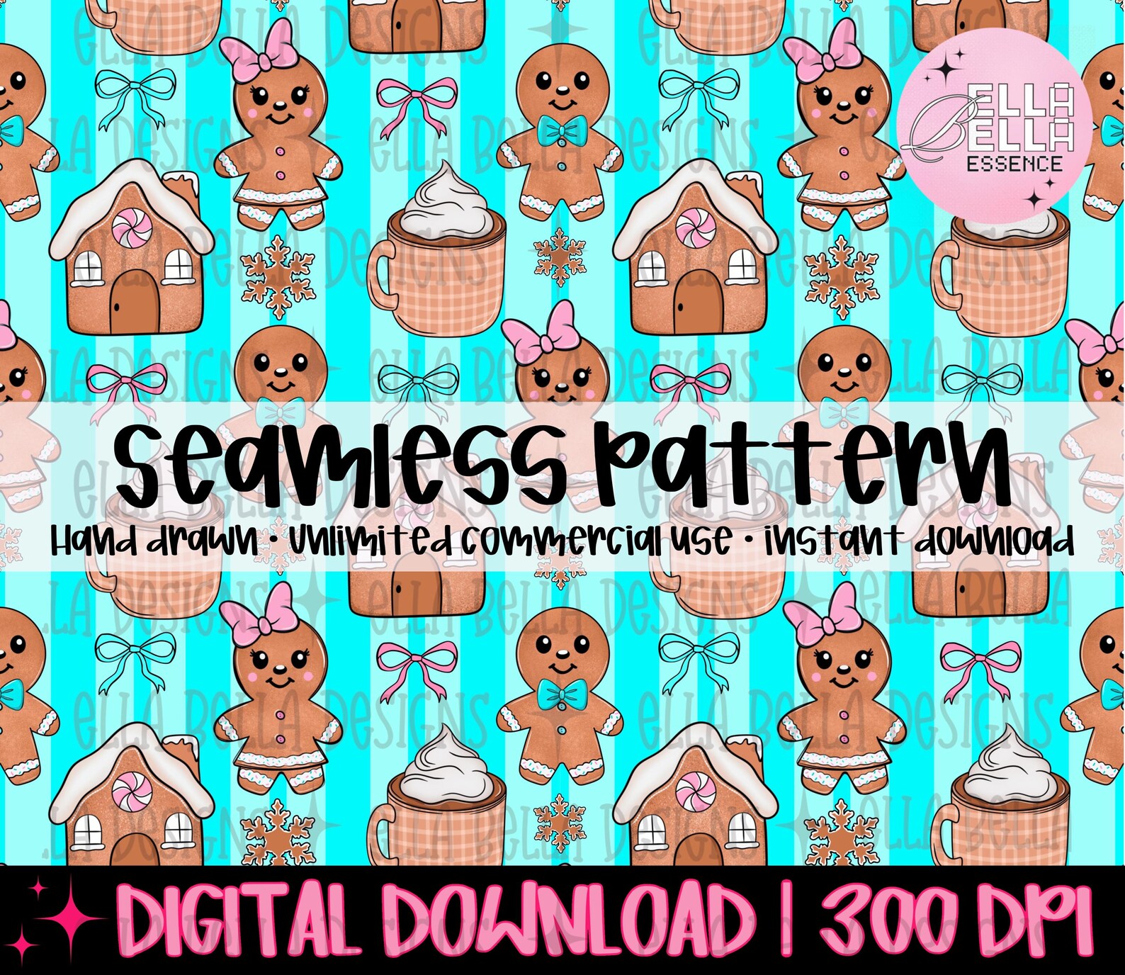Blue gingerbread seamless file png, Holiday seamless pattern png, Gingerbread house hand drawn ...