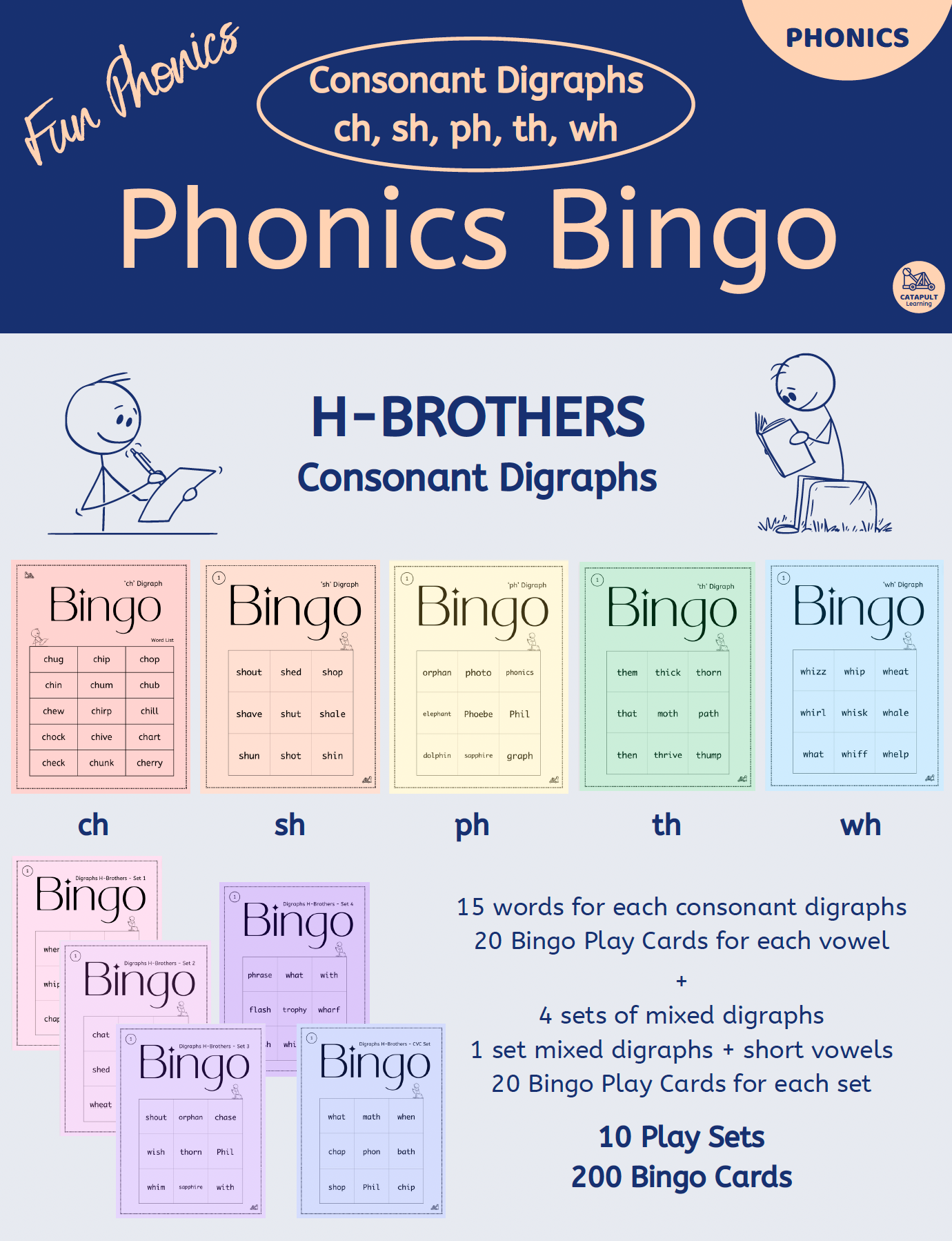 Consonant Digraphs - H-Brothers ch, sh, th, ph, wh - Phonics Bingo