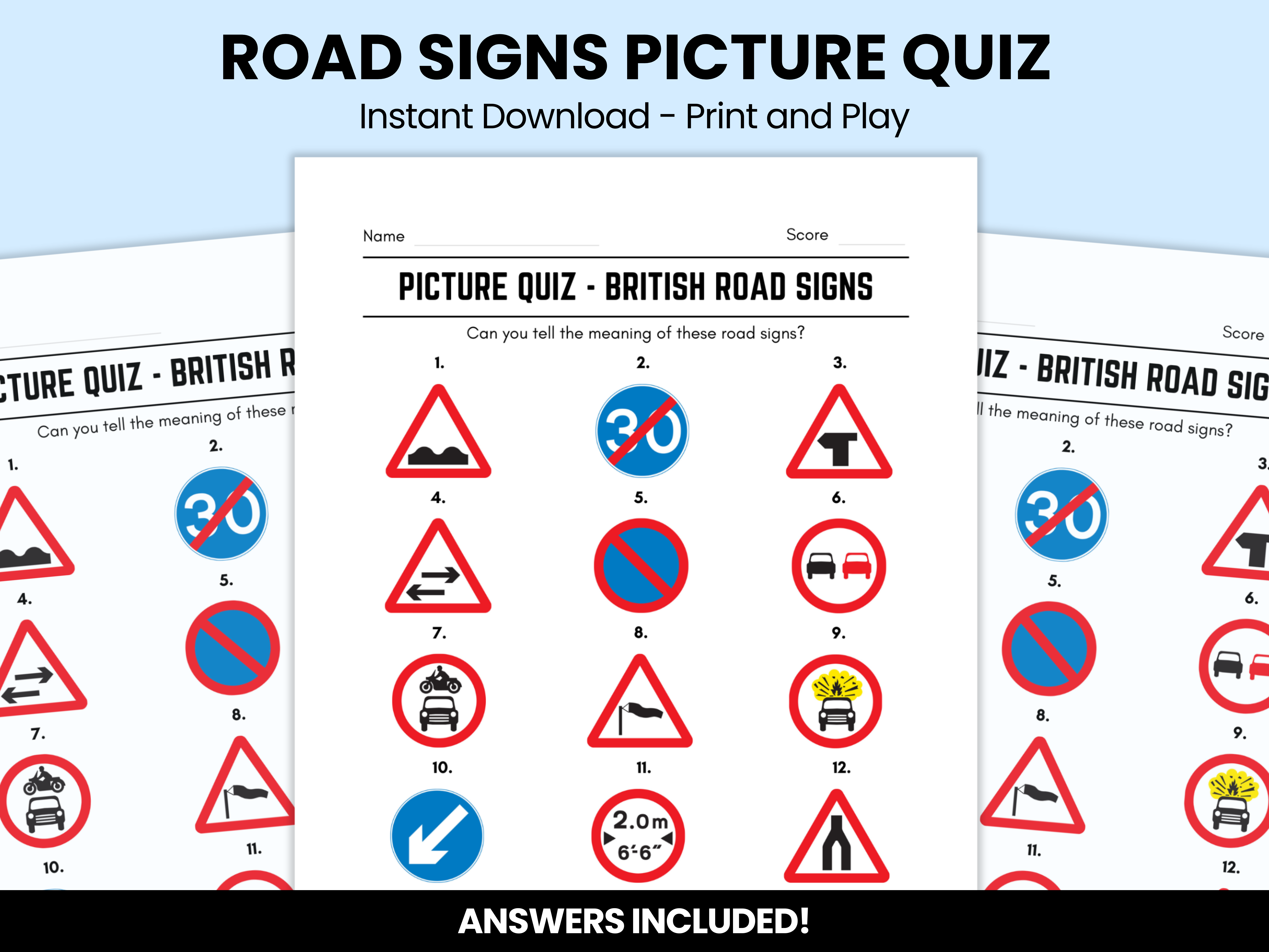 British Road Signs Picture Quiz With Answers – Instant Download