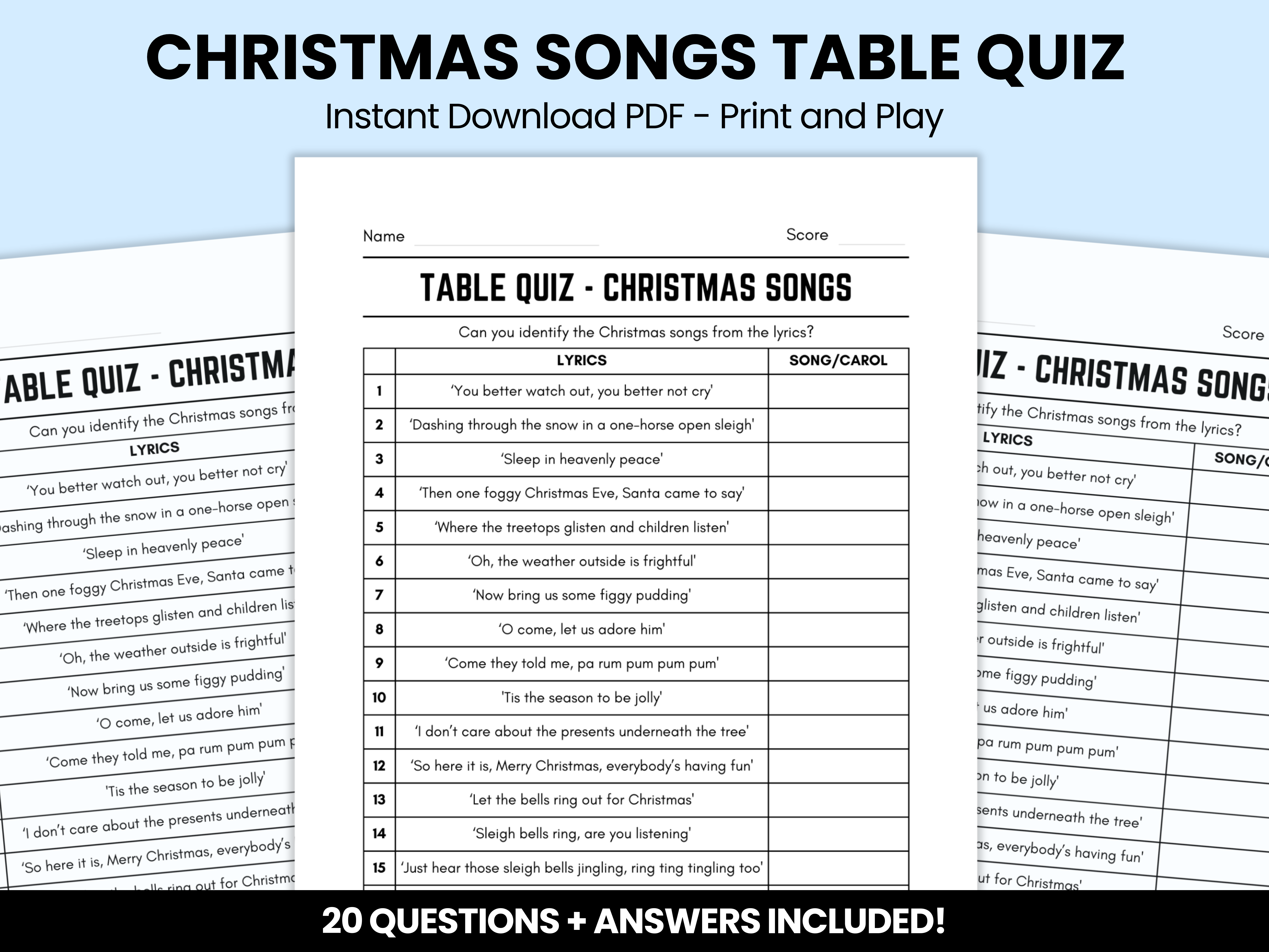 Christmas Songs Table Quiz With Answers – Instant Download